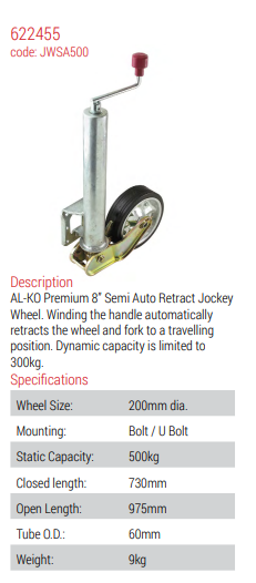 ALKO Premium 8" Semi Auto Retract Jockey Wheel JWSA500 - AL-KO