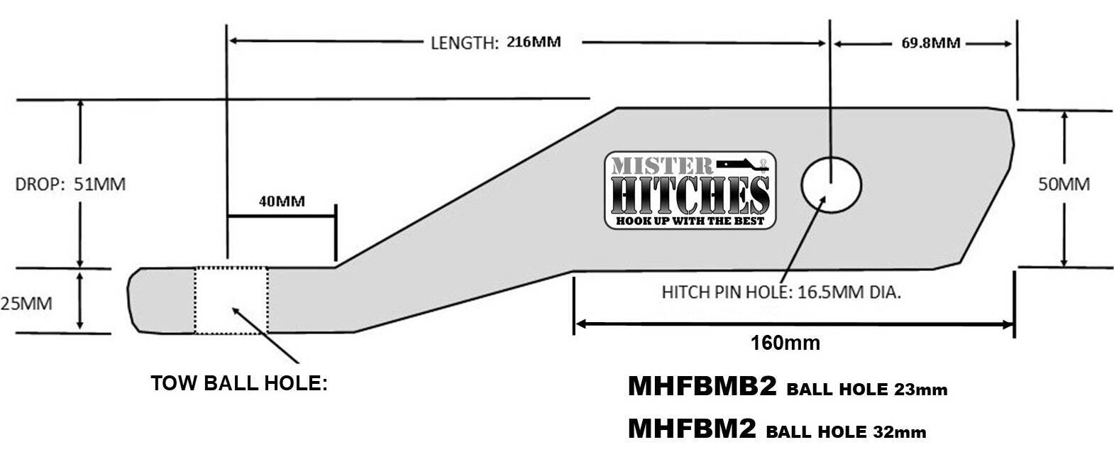 Mister Hitches 4.5T ION Forged Ball Mount 2" DROP 50mm Ball Hole
