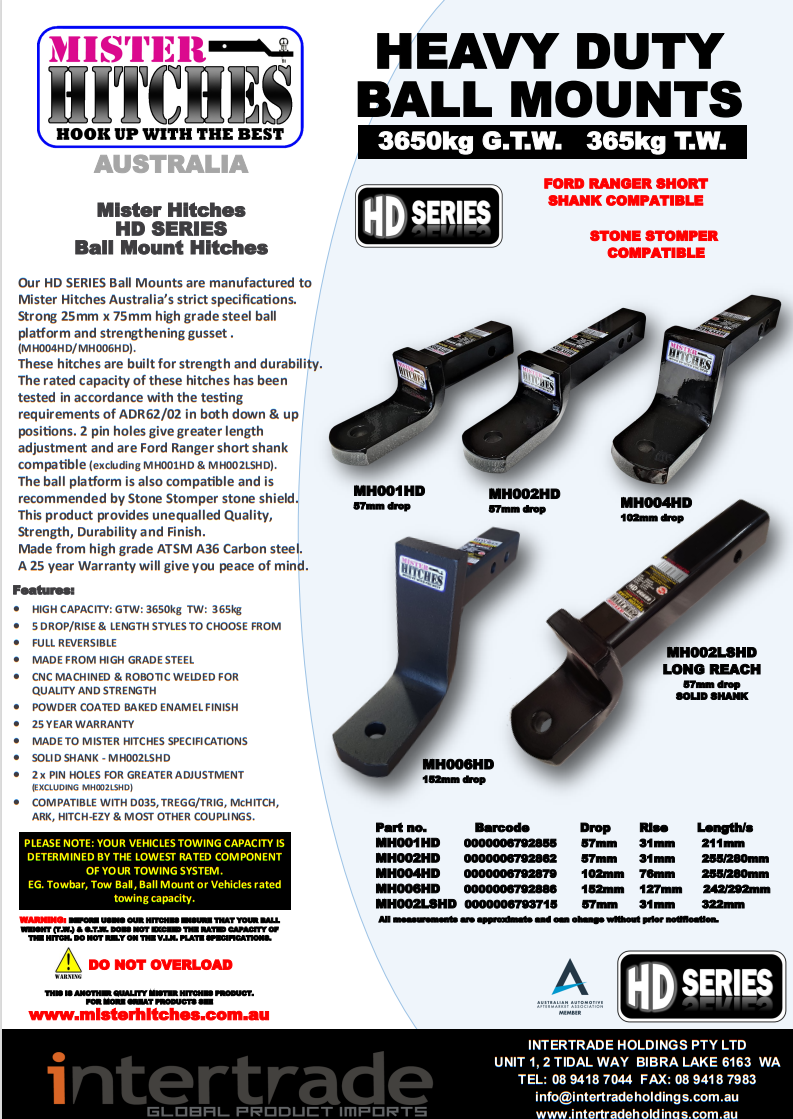 Mister Hitches 50mm "HD Series" Ball Mount 3650kg SUITS FORD RANGER